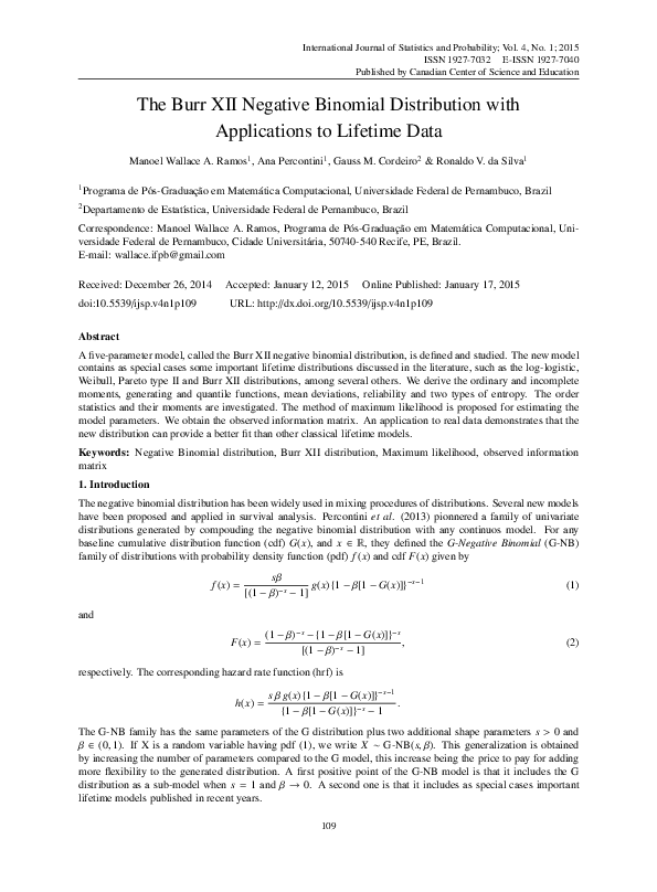 (PDF) The Burr XII Negative Binomial Distribution with Applications to ...