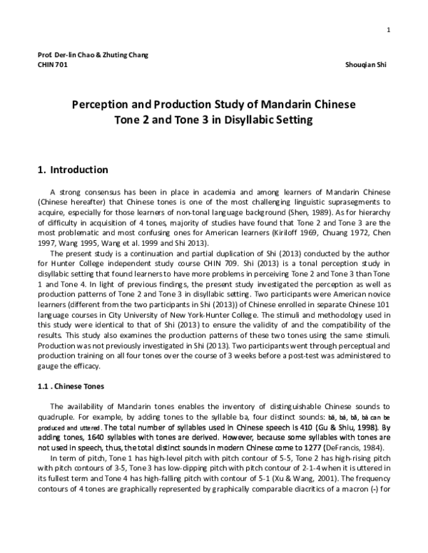 (PDF) Perception and Production Study of Mandarin Chinese Tone 2 and Tone 3 in Disyllabic Setting