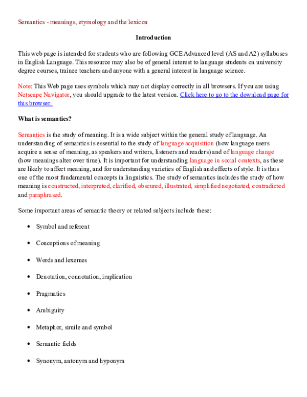 (DOC) Semantics -meanings, etymology and the lexicon