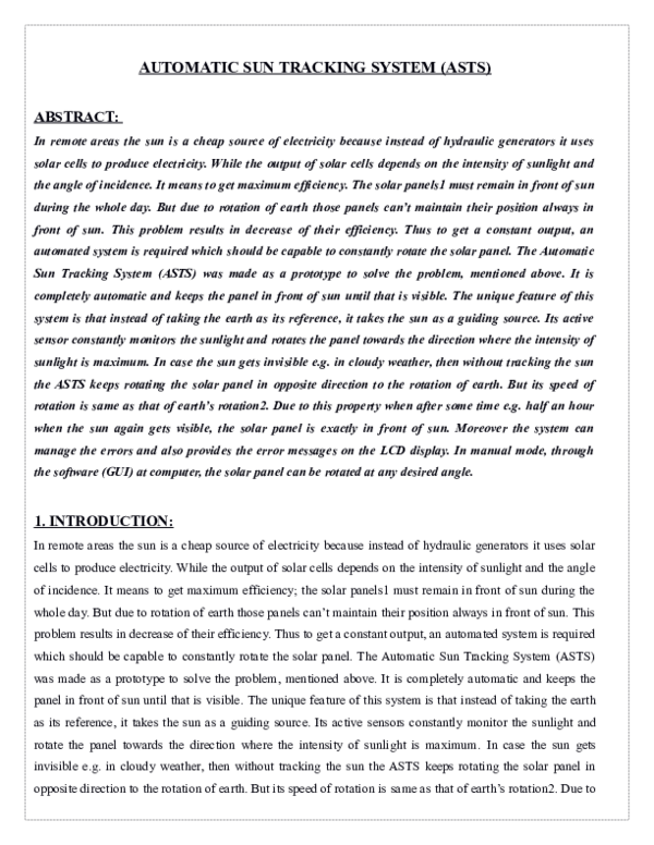AUTOMATIC SUN TRACKING SYSTEM (ASTS)