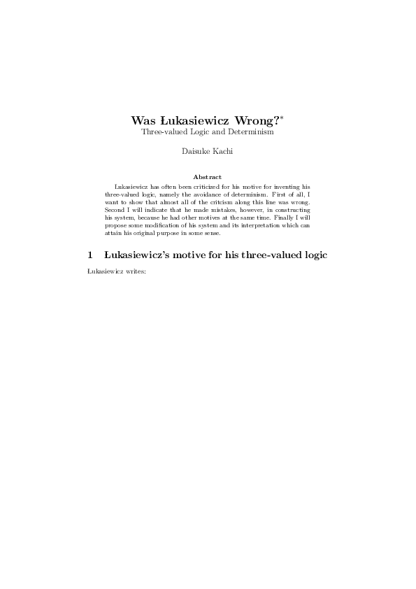 (PDF) Was Lukasiewicz Wrong? : Three-valued Logic and Determinism