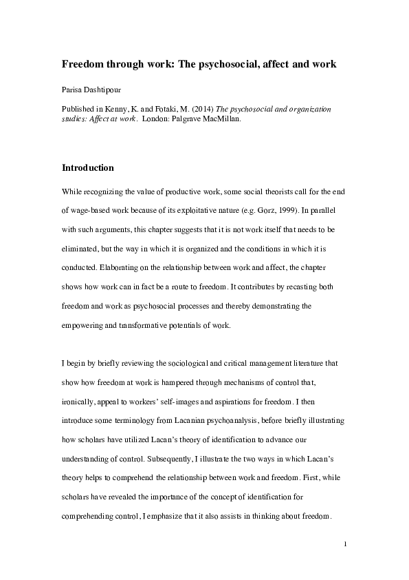 (PDF) Freedom through Work: The Psychosocial, Affect and Work