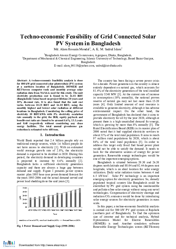 (PDF) Techno-economic Feasibility of Grid Connected Solar PV System in Bangladesh