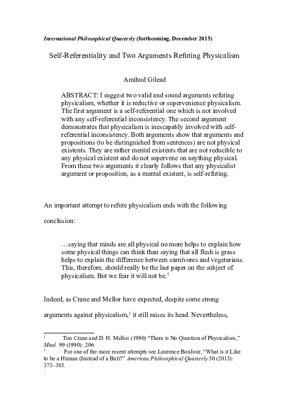 (DOC) Self-Referentiality and Two Arguments Refuting Physicalism