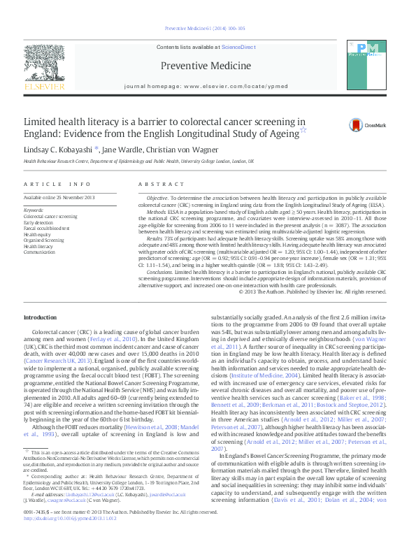 (PDF) Limited health literacy is a barrier to colorectal cancer ...