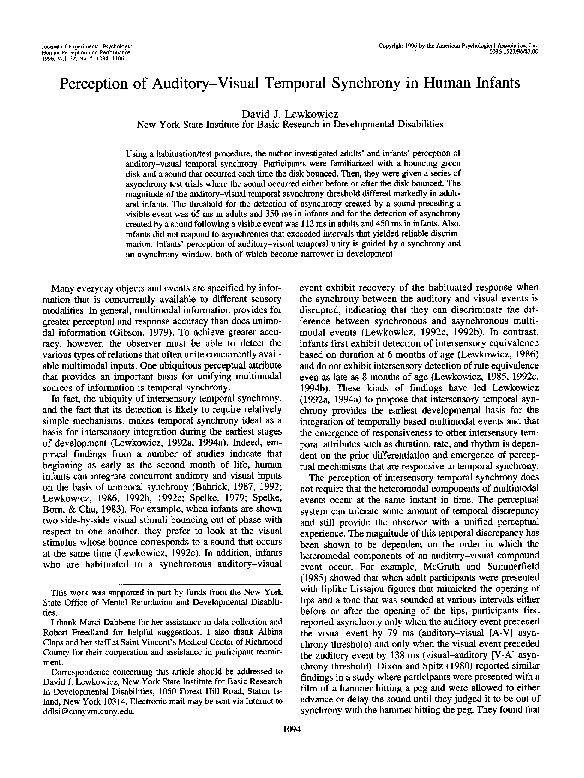 (PDF) Perception of Auditory-Visual Temporal Synchrony in Human Infants