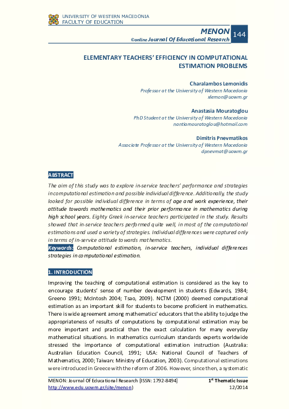 Pdf Elementary Teachers Efficiency In Computational Estimation Problems