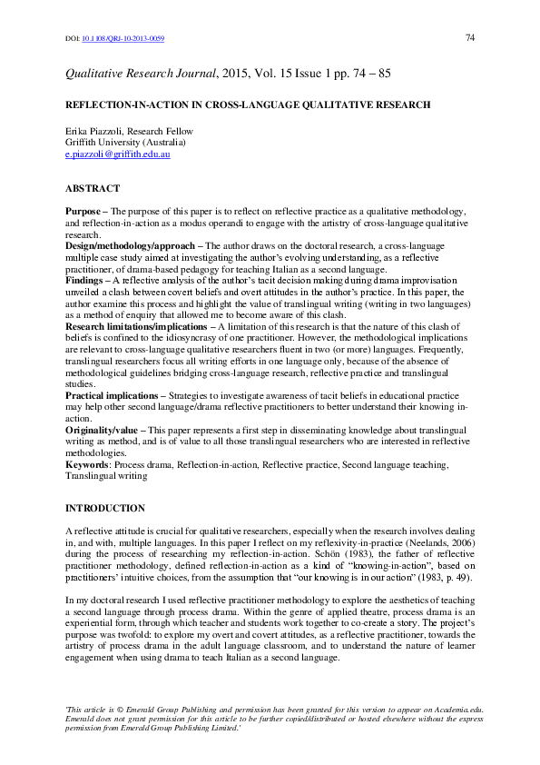 (PDF) Piazzoli, E. (2015). Reflection in Action in Cross-Language ...