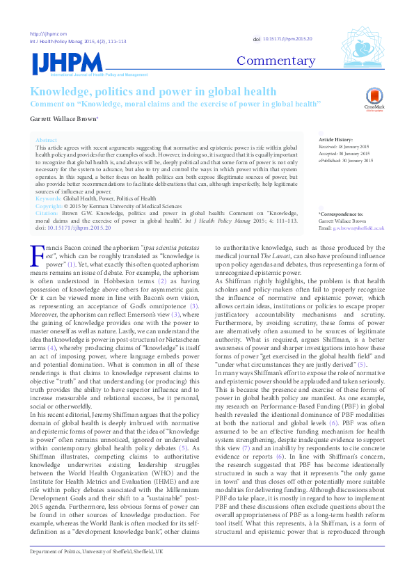 (PDF) Knowledge, Politics and Power in Global Health Comment on ...