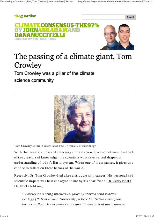 The passing of a climate giant, Tom Crowley