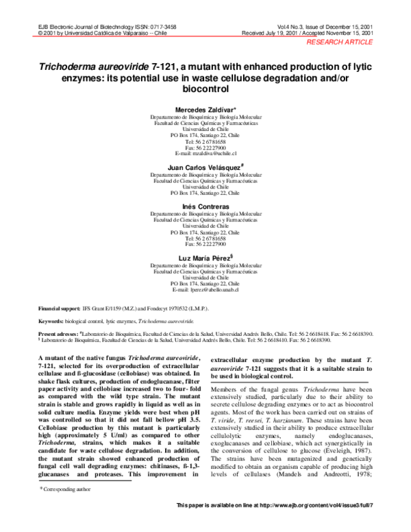 (PDF) Trichoderma aureoviride 7-121, a mutant with enhanced production of lytic enzymes: its ...