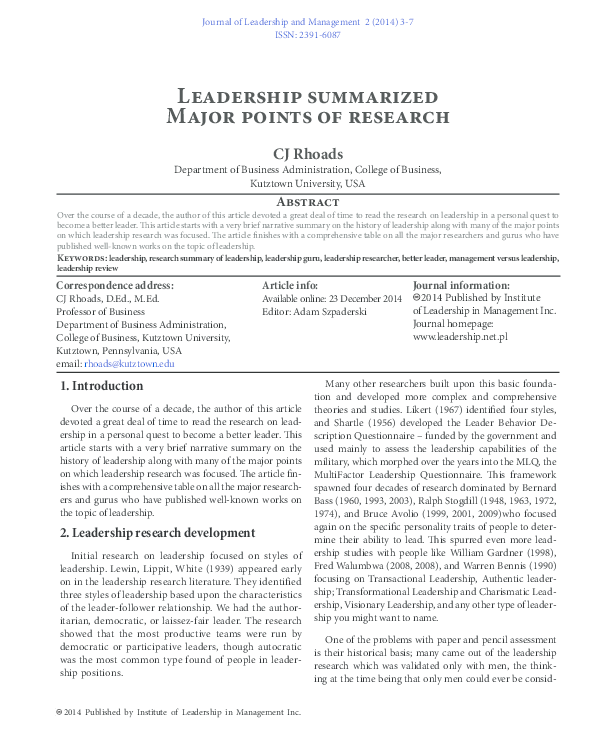 Leadership summarized Major points of research