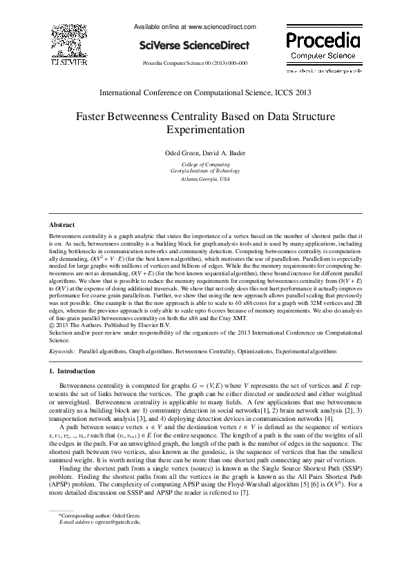 (PDF) Faster Betweenness Centrality Based on Data Structure Experimentation | Oded Green ...