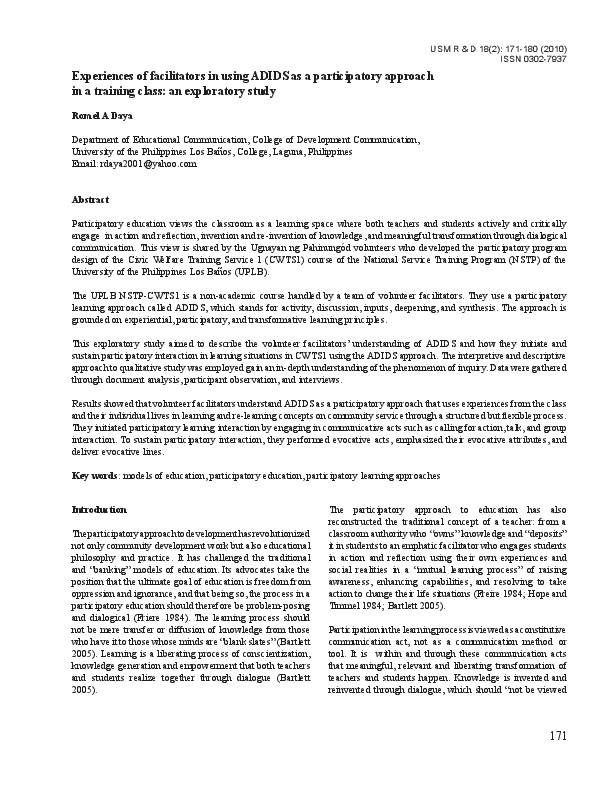 (PDF) Experiences of facilitators in using ADIDS as a participatory ...
