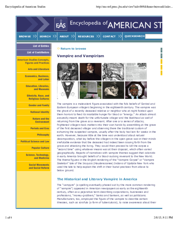 "Vampire and Vampirism," in Encyclopedia of American Studies (Johns ...