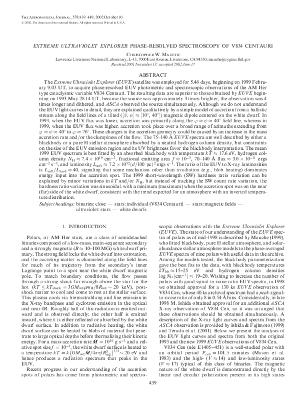 (PDF) Extreme Ultraviolet Explorer Phase-resolved Spectroscopy of V834 ...