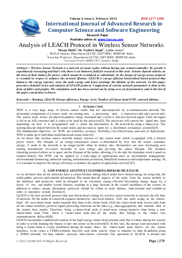 Pdf 2013 Ijarcsse All Rights Reserved Analysis Of Leach Protocol In Wireless Sensor Networks