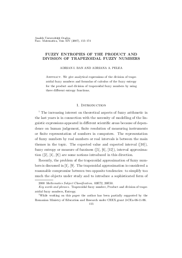 (PDF) FUZZY ENTROPIES OF THE PRODUCT AND DIVISION OF TRAPEZOIDAL FUZZY NUMBERS