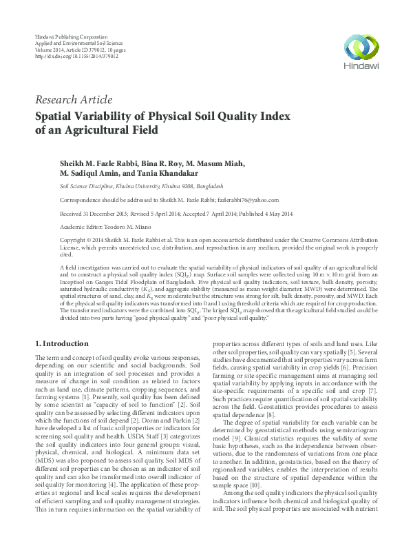 (PDF) Spatial Variability of Physical Soil Quality Index of an Agricultural Field