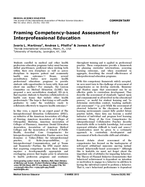 (PDF) Framing Competency-based Assessment for Interprofessional Education