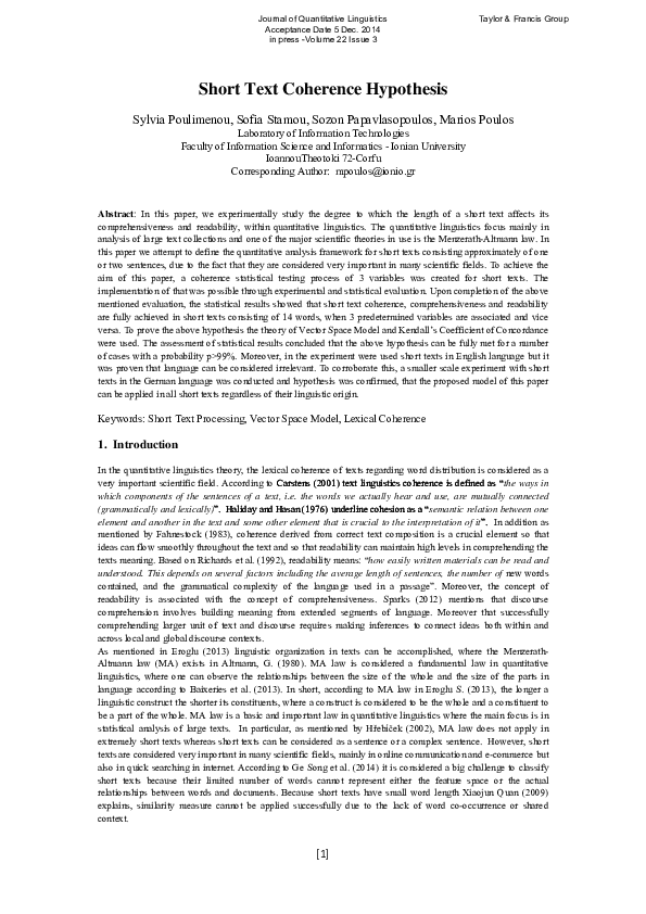 (PDF) Short Text Coherence Hypothesis