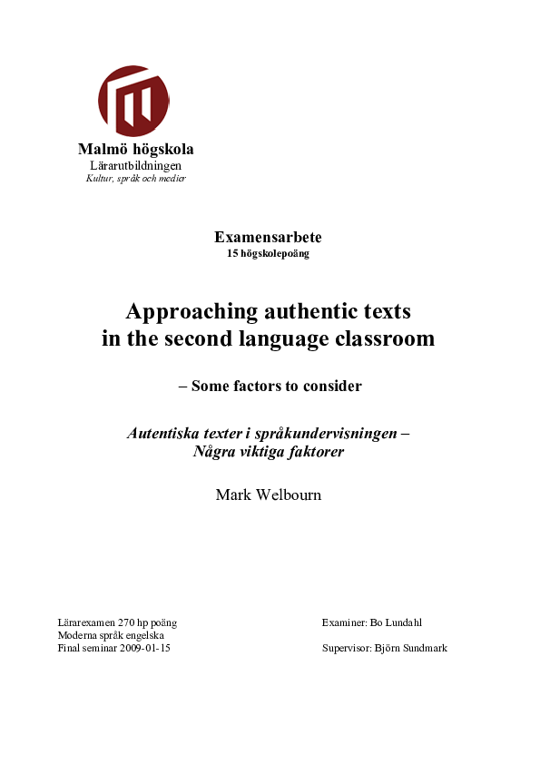 Pdf Approaching Authentic Texts In The Second Language Classroom