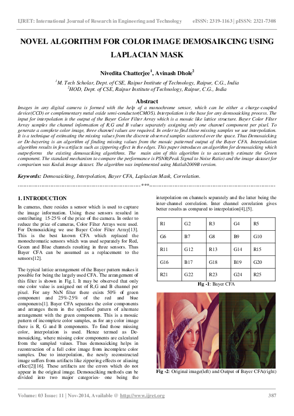 Pdf Novel Algorithm For Color Image Demosaicking Using Laplacian Mask