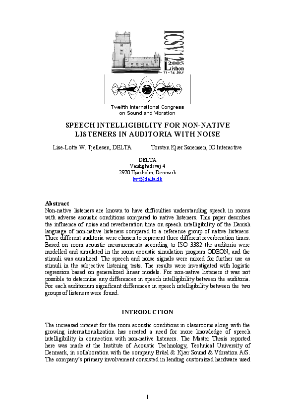 (PDF) Speech intelligibility for non-native listeners in auditoria with noise
