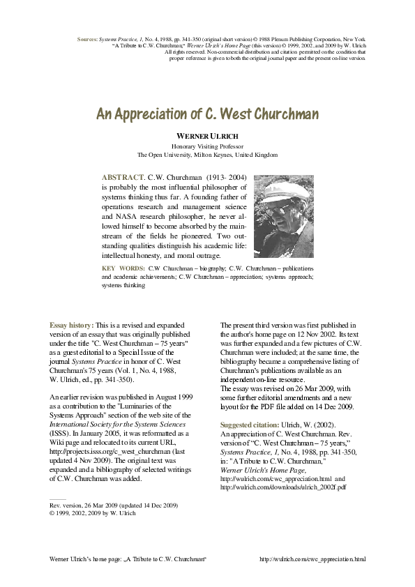 (PDF) Ulrich, W. (1988/2002). An appreciation of C. West Churchman