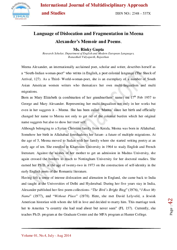 (PDF) Language of Dislocation and Fragmentation in Meena Alexander’s ...