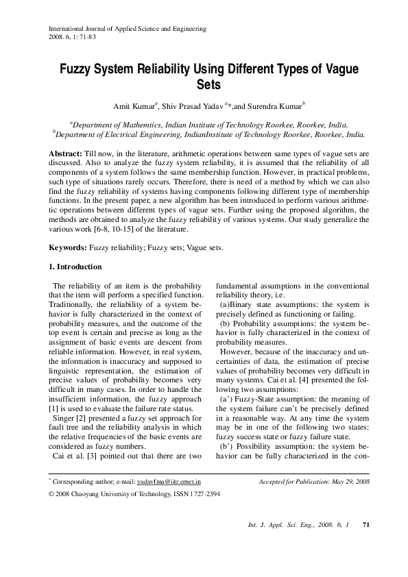 (PDF) Fuzzy System Reliability Using Different Types of Vague Sets