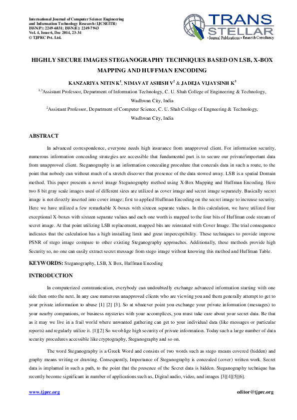 Pdf Highly Secure Images Steganography Techniques Based On Lsb X Box Mapping And Huffman Encoding
