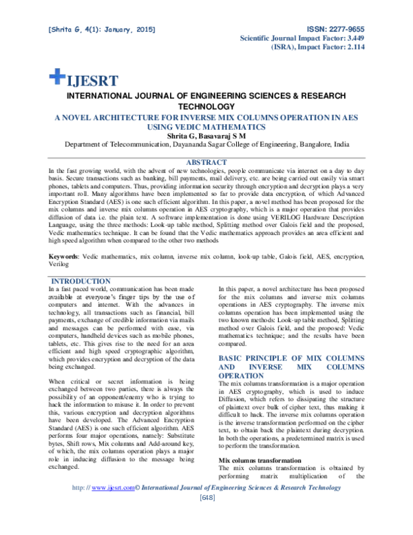 Pdf A Novel Architecture For Inverse Mix Columns Operation In Aes Using Vedic Mathematics