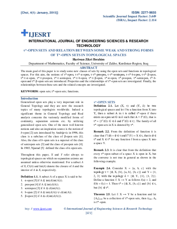 Pdf τ Open Sets And Relation Between Some Weak And Strong Forms Of Τ