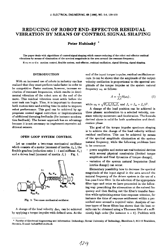 Pdf Reducing Of Robot End Effector Residual Vibration By Means Of Control Signal Shaping