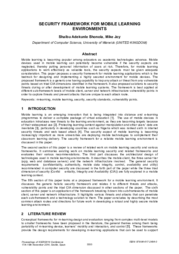 (PDF) SECURITY FRAMEWORK FOR MOBILE LEARNING ENVIRONMENTS