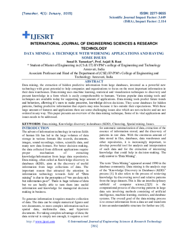 Pdf Data Mining A Technique With Widening Applications And Having