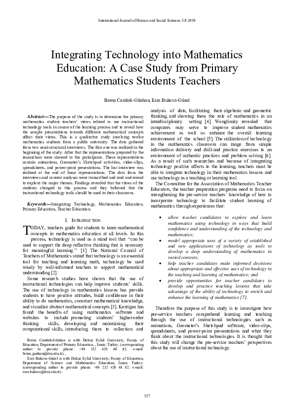 (PDF) Integrating Technology into Mathematics Education: A Case Study from Primary Mathematics ...