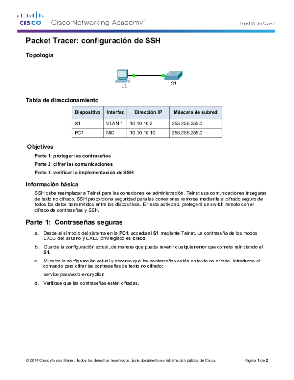 (PDF) Packet Tracer: configuración de SSH