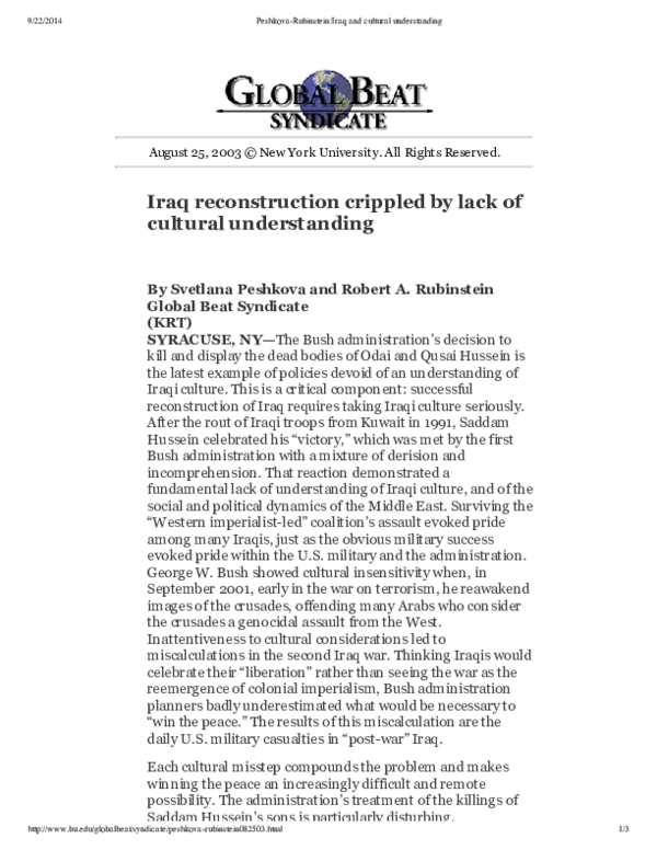 (PDF) with R.A. Rubinstein, Iraq Reconstruction Crippled by Lack of ...