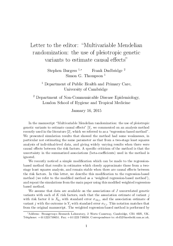 (PDF) Letter to the editor: “Multivariable Mendelian randomization: the use of pleiotropic ...