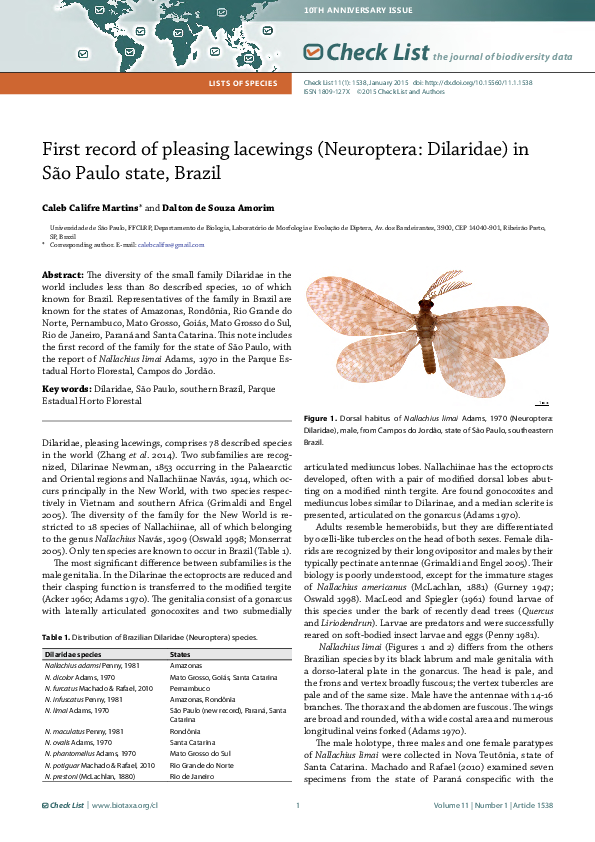 (PDF) First record of pleasing lacewings (Neuroptera: Dilaridae) in São ...
