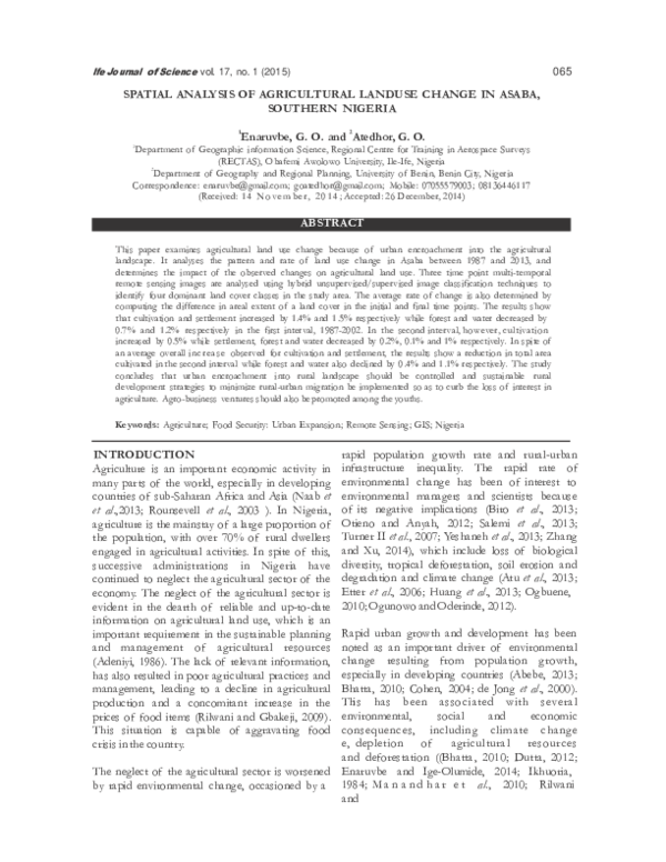 (PDF) Spatial analysis of agricultural landuse change in Asaba ... (PDF) Spatial analysis of agricultural landuse change in Asaba ...