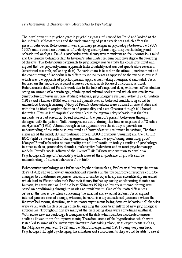 (DOC) Psychodynamic & Behaviourism Approaches to Psychology