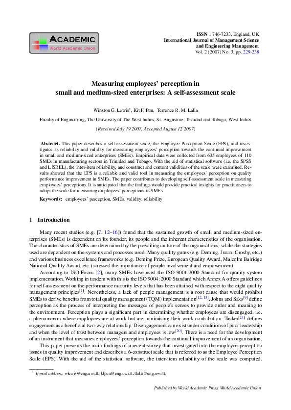 (PDF) Employee Perception Scale: Validation in SMEs