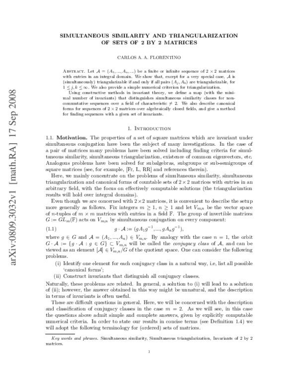 Pdf Simultaneous Similarity And Triangularization Of Sets Of 2 By 2 Matrices Carlos