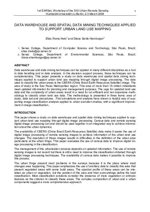 (PDF) DATA WAREHOUSE AND SPATIAL DATA MINING TECHNIQUES APPLIED TO SUPPORT URBAN LAND USE MAPPING