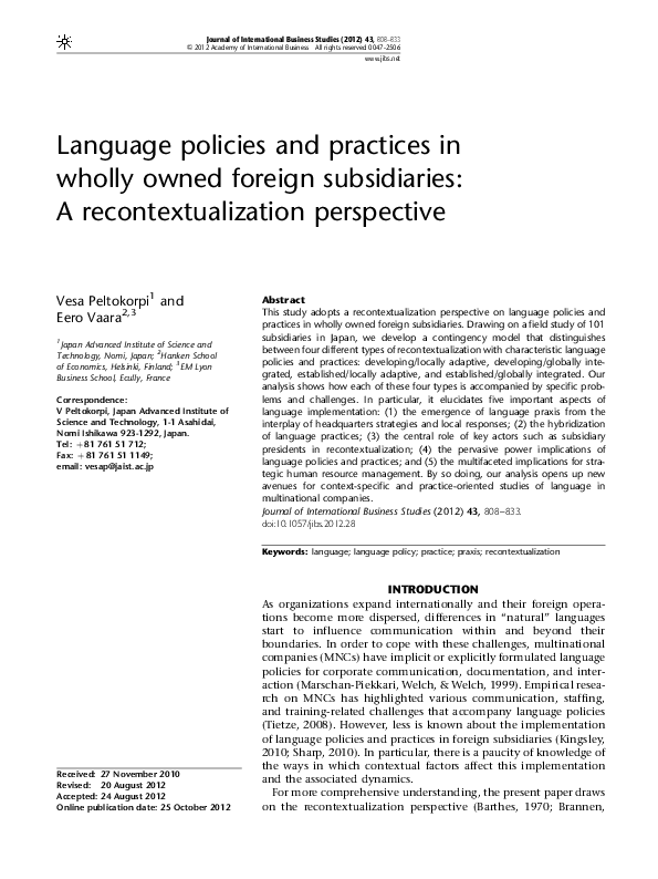 (PDF) Language policies and practices in wholly owned foreign ...