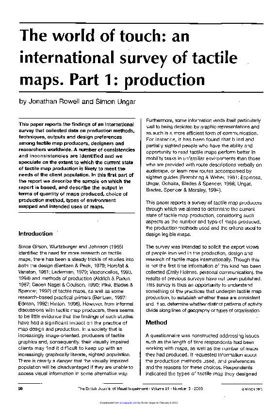 Pdf The World Of Touch An International Survey Of Tactile Maps Part 1 Production