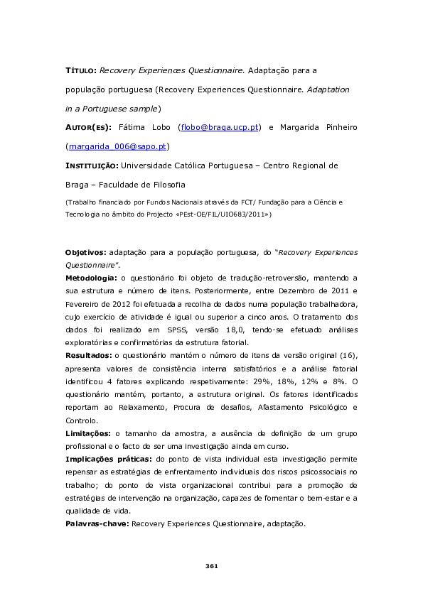 (PDF) Recovery Experiences Questionnaire. Adaptação para a população ...